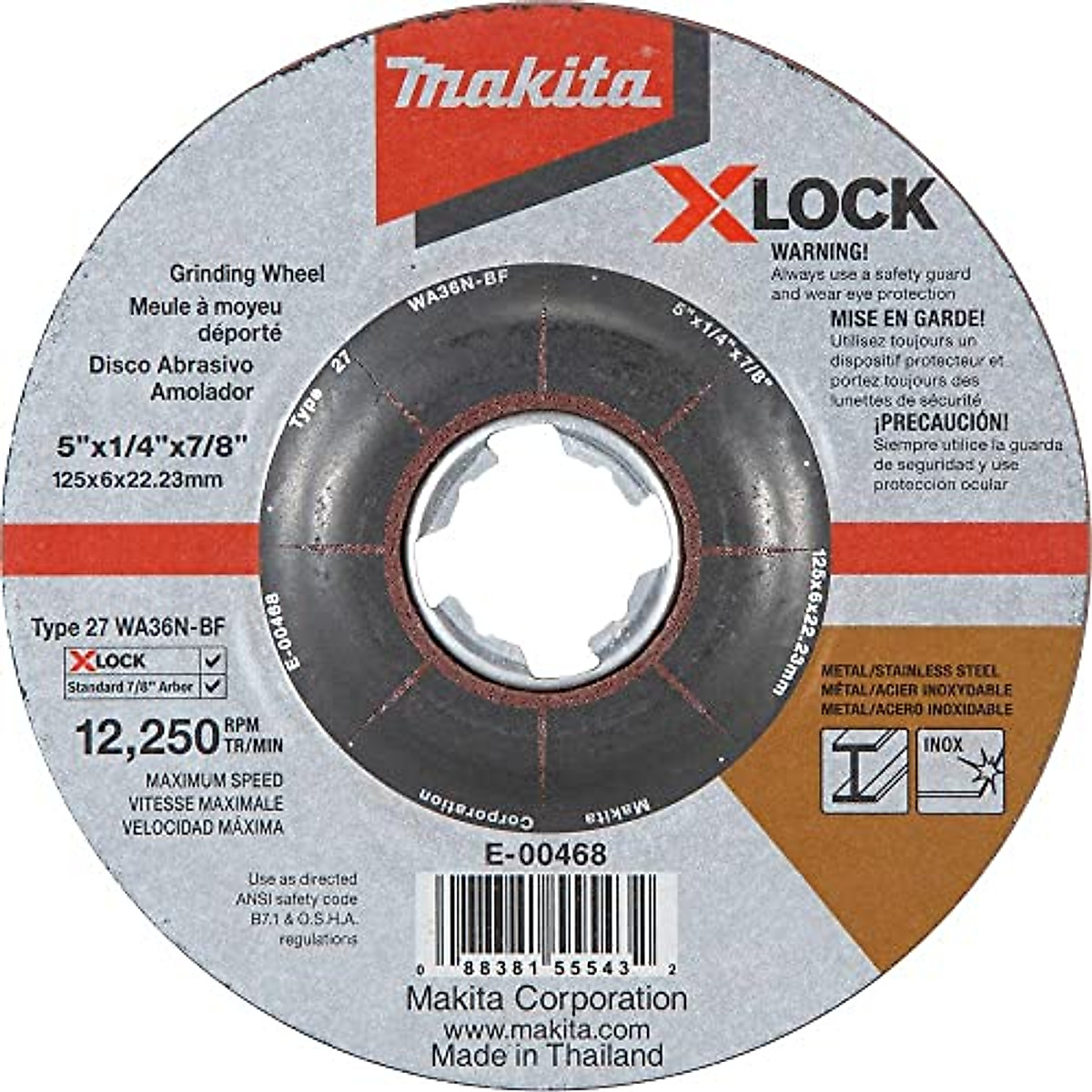 Makita E-00468 X-LOCK 5" x 1/4" x 7/8" Type 27 General Purpose 36 Grit Abrasive Grinding Wheel for Metal & Stainless Steel Grinding