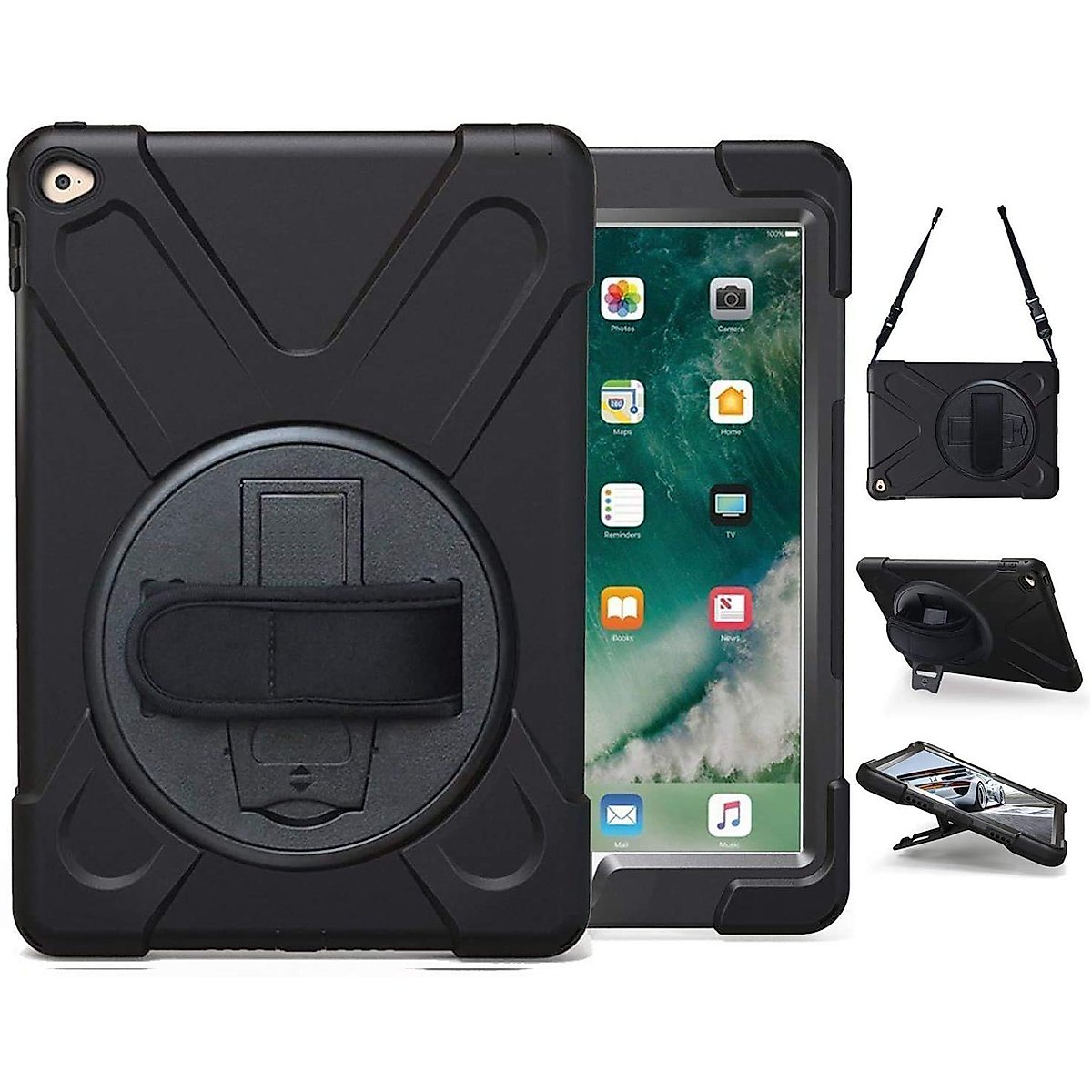 TSQ iPad Air 2 Case for Kids A1566 A1567 2014 with Rotating Stand Hand Strap | Military Grade Heavy Duty Rugged Shockproof Protective Cover Case for iPad Air 2nd Generation 9.7 Inch, Black