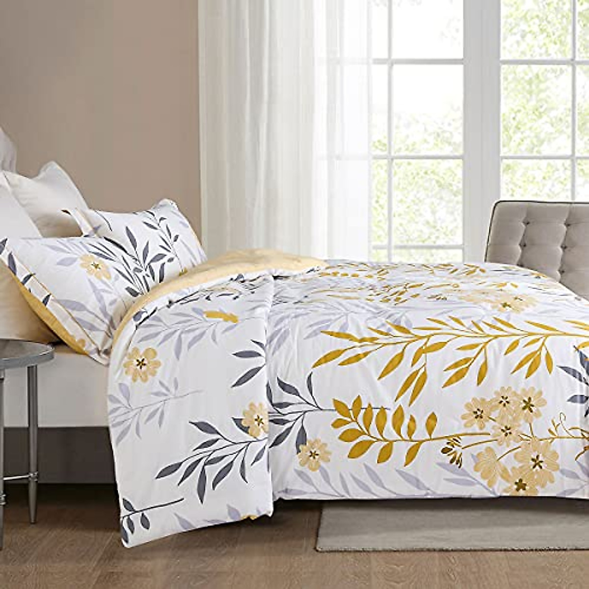 SLEEPBELLA Comforter Queen Size, 600 Thread Count Cotton Grey Branch with Yellow Flower & Grey Leaves Pattern Orange Reversible Comforter Set,Down Alternative Bedding Set 3Pcs(Queen, Yellow Botanical)