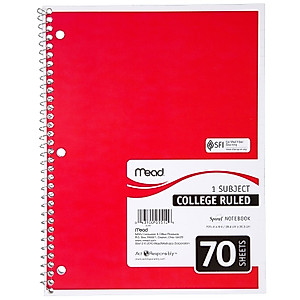 Mead 05512 Spiral Notebook, College Ruled 7.5" x 10.5" 70 Sheets, 1 Subject, 6 Pack, Colors May vary