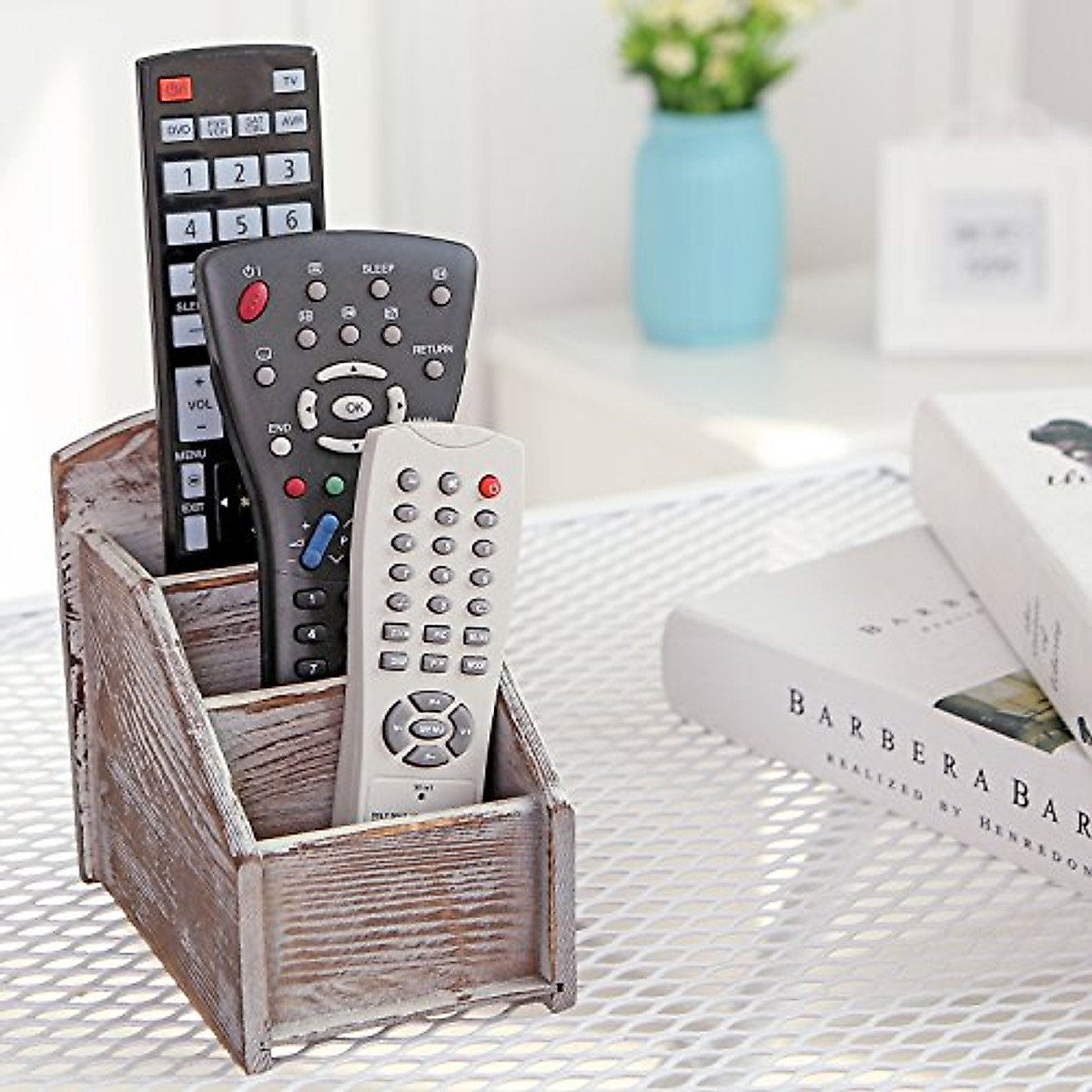 MyGift Rustic Torched Wood Remote Control Holder for Table, 3 Slot Multipurpose Organizer Storage Caddy