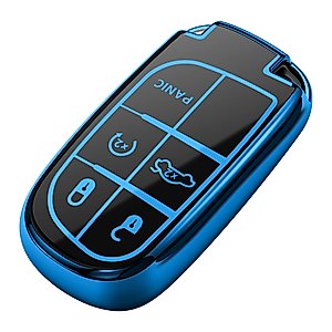 Tukellen Jeep Key Fob Cover - Soft TPU Case Compatible with Grand Cherokee, Renegade, Chrysler, Dodge, RAM, Journey, Dart, Fiat, Durango, Challenger (Blue)