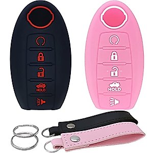 waymei Silicone Key Fob Cover Remote Keyless Case Protector Compatible with Nissan Altima Armada Maxima Murano Pathfinder Rogue Sedan KR5S180144014 285E3-3TP5A (5 Buttons Black & Pink)