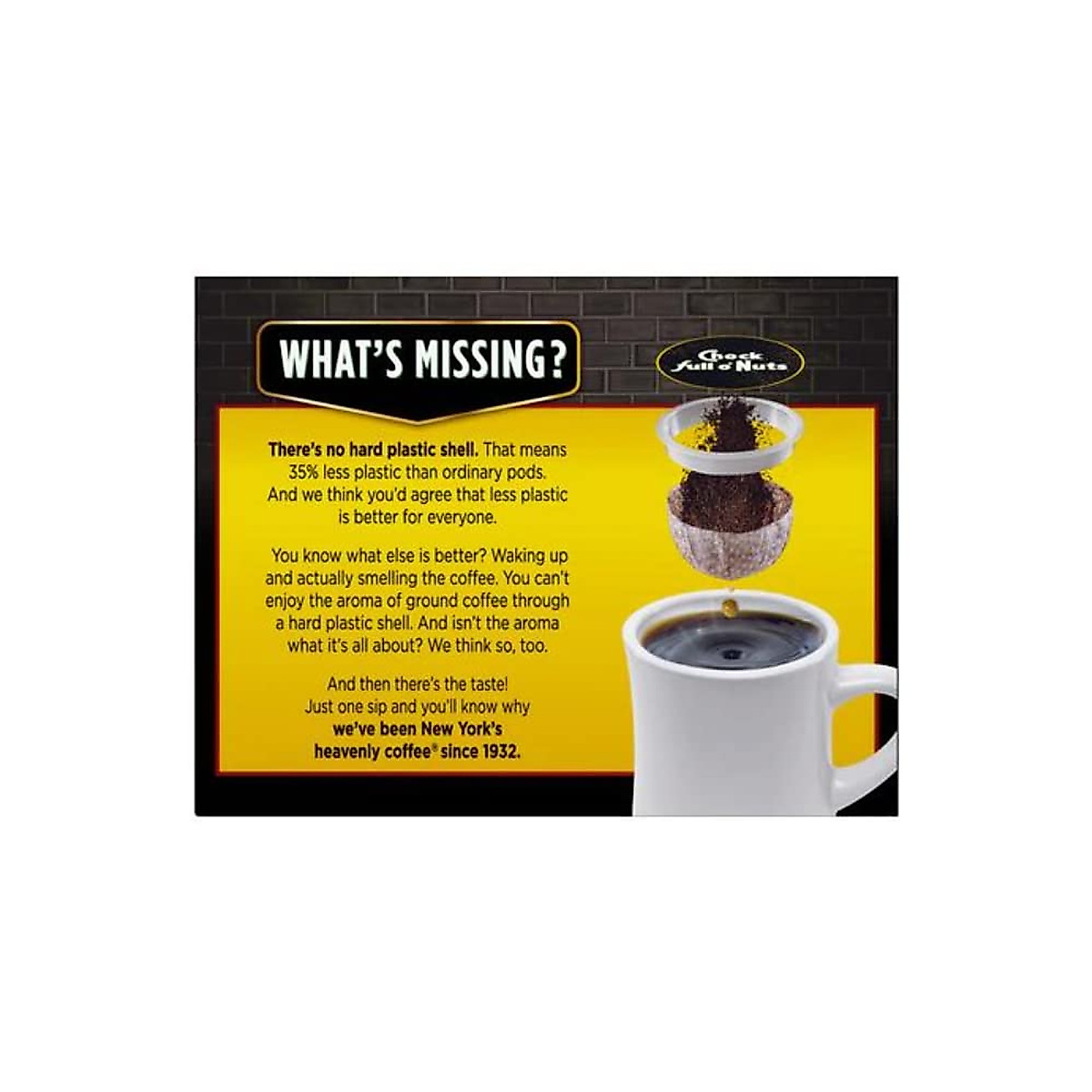 Chock Full o’Nuts Original, K-Cup Compatible Pods - Arabica Coffee in Eco-Friendly Keurig-Compatible Single Serve Cups (11.2 Ounce (Pack of 2))