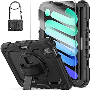 Blosomeet iPad Mini 6 Case 8.3" 2021 with Tempered Glass Screen Protector Pencil Holder [360 Rotating Hand Strap] &Stand, Heavy Duty Case for iPad Mini 6th Generation | Black