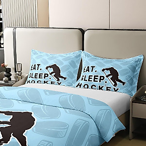 jejeloiu Ice Hockey Cotton Duvet Cover Set Twin Size Eat Sleep Ice Hockey Comforter Cover Set for Boys Girls Sports Theme Bedding Set Room Decorations Bedspread Cover 2Pcs