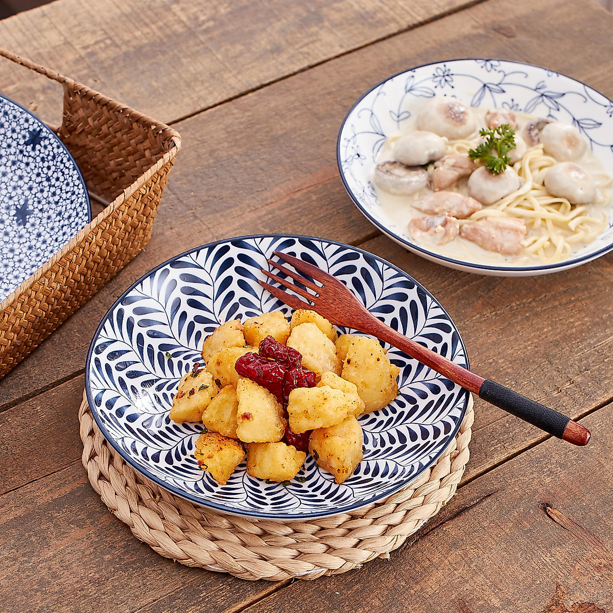 Swuut Ceramic Pasta Bowls Set,Blue and White 8 inch Salad Bowl Floral Dinner Shallow Plates Set of 4, Serving Bread Appetizer Dessert Snack (8 Inch)