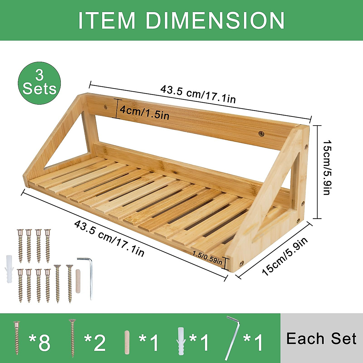 ONEHAUS Floating Shelves Wall Mounted, 3 Pcs Solid Bamboo Wall Hanging Rack Holder, Wall Storage Shelves for Bedroom, Living Room, Bathroom, Kitchen, Office Decor