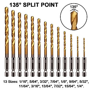 Seamaka 13PCS Hex Shank Titanium Twist Drill Bit Set,1/16"-1/4" High Speed Steel Twist Drill Bit for Wood Plastic Metal O-065