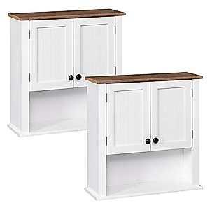WAMPAT 2 Pack Wall Mounted Cabinet with Doors, Bathroom Wood Hanging Medicine Cabinets Over The Toilet with Adjustable Storage Shelf and Open Space for Kitchen, Entryway, Set of 2