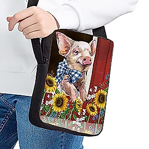 STUOARTE Cute Pig Sunflower Print Messenger Bag, Crossbody Bag Durable Casual Coin Purse Crossbody Bag for Women Kids, Lightweight Multi-Function Shoulder Bag Satchel Bag