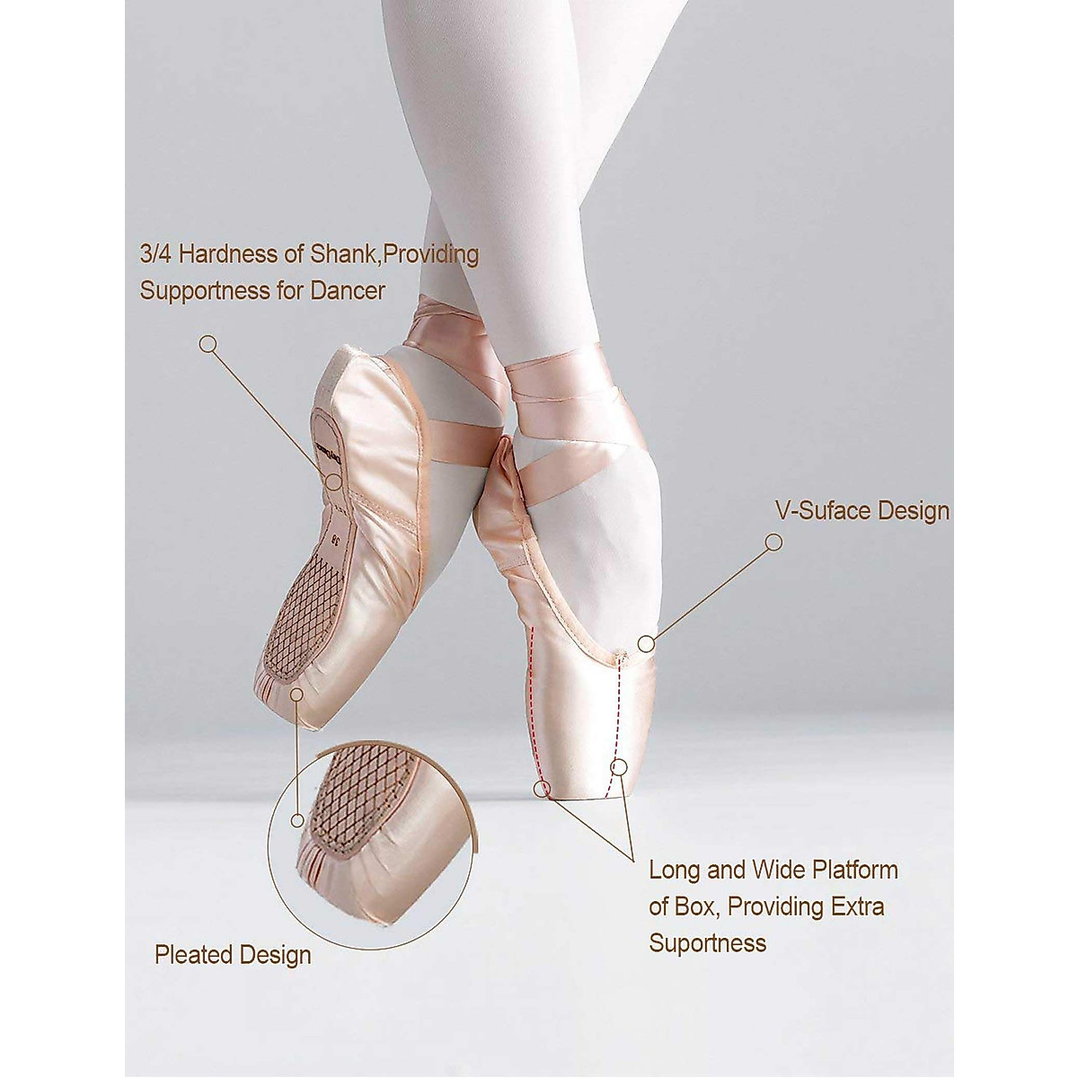 Daydance Women's Pointe Shoes Pink Ribbon Ballerina Ballet Shoes with Silicone Toe Pads (Light Pink, 7)