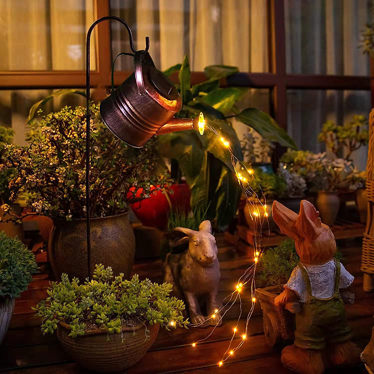 Star Shower Watering Can Lights - Waterproof Solar Garden Decor Led Art Lamp - Outdoor String Fairy Lights with Bracket for Home Path Patio Yard Lawn Metal Statues