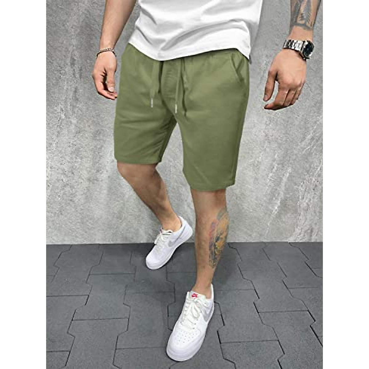 2023 Stylish Mens Chino Shorts Casual Dress Shorts Stretch Summer Twill Linen Shorts Drawstring Golf Shorts(Green,3XL)