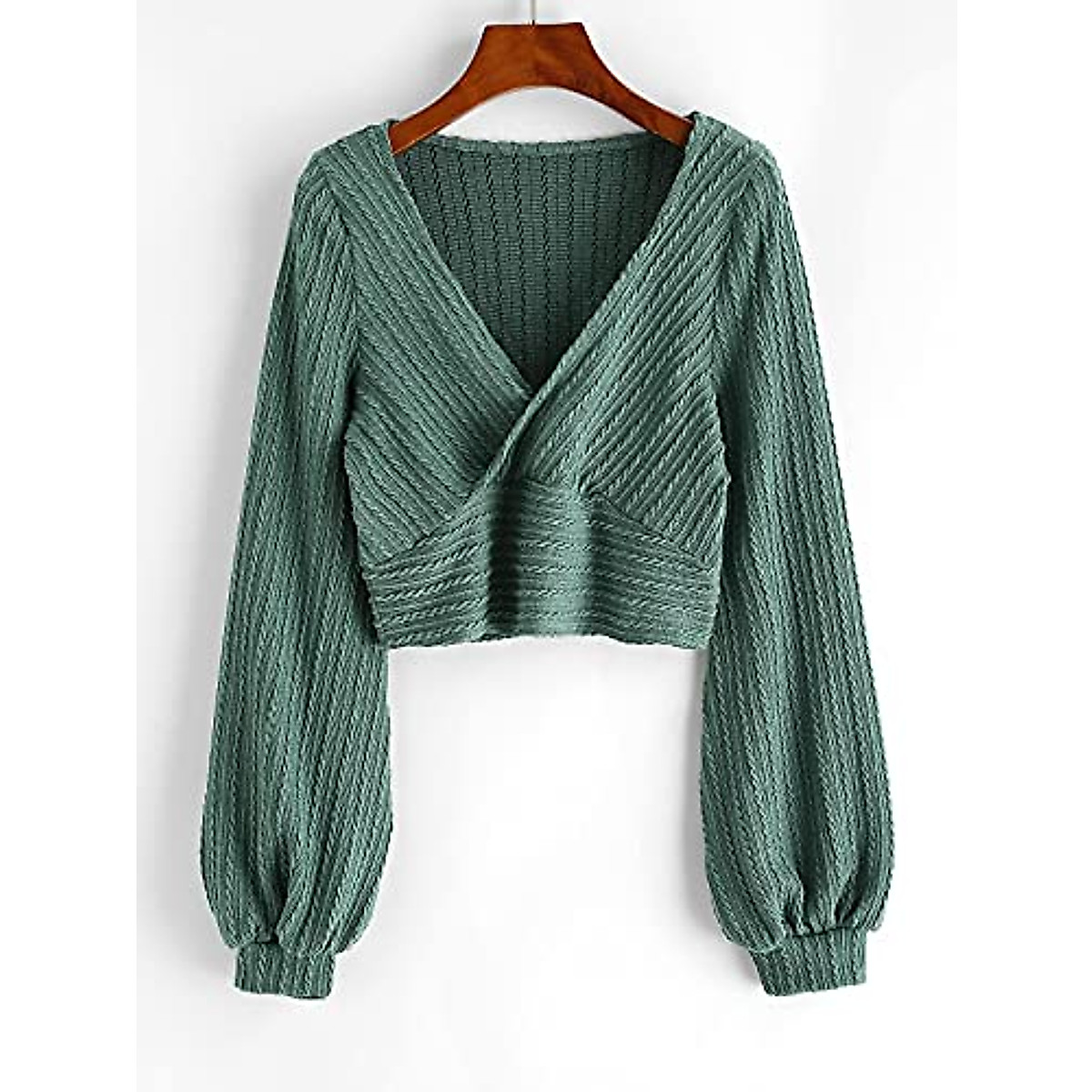 ZAFUL Women's Pullover Ribbed Cropped Knitwear Drawstring Ruched Knitted Crop Top Solid V-Neck Long Sleeve T-Shirt Green