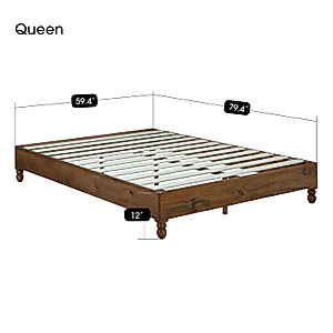 MUSEHOMEINC 12 Inch Solid Wood Bed Frame Rustic Style Eliminates The Need for a Boxspring, Natural Finish, Queen