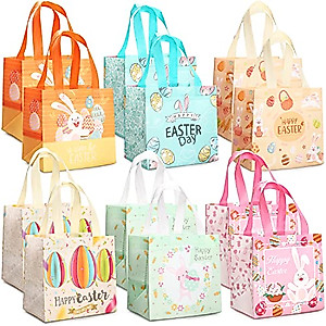 12PCS Easter Egg Hunt Bags Happy Easter Bunny Carrot Chick Egg Gift Bags with Handles, Easter Treat Bags, Multifunctional Non-Woven Easter Bags for Gifts Wrapping, Egg Hunt Game, Easter Party Supplies , 8.3×7.9×5.9inch