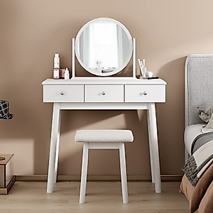 SogesHome Vanity Table Sets with Moveable Mirror and Padded Stool, Makeup Desk with 3-Drawers, Classic White Dressing Table Vanity Desk for Bedroom, Makeup Studio, Dormitory, White