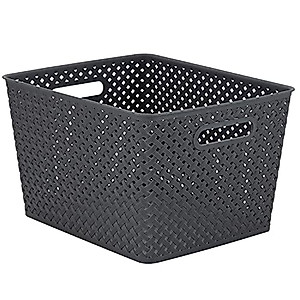 Simplify Large Resin Wicker Tote | Storage Bin | Plastic Organizer | Carrying Handles | Bathroom | Pantry | Accessories | Toys | Grey
