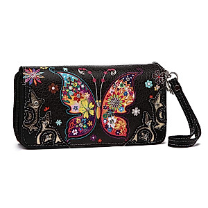 Western Style Butterfly Rhinestone Concho Studded Embroidered Floral Country Wrist Strap Women Wristlet Double Zip Wallet (Black2)