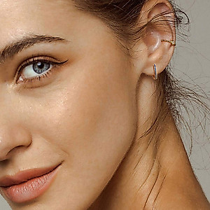 MEVECCO 14K Gold Plated 3 Row Pave Cubic Zirconia Hoop Earrings Dainty Handmade Huggie Earrings for Women