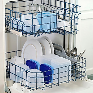 Tupperware Stacking Square Storage Set - Dishwasher Safe & BPA Free - (6 Clear Containers + 6 Blue Lids)