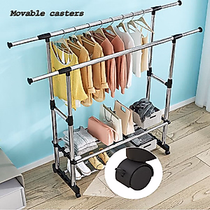 RUYICZB 3 Layer Floor Clothes Drying Rack Metal Drying Double Pole Clothes Rack, Large Expandable Stainless Steel Laundry Clothes Drying Rack with Wheel Easy Assembly Indoor Outdoor Use