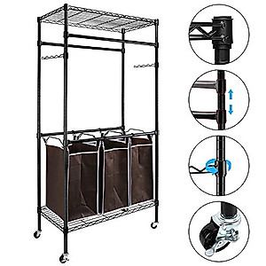 aruoquan Mobile 3-Bag Laundry Sorter Hamper Heavy Duty Clothes Rack Hanging Rolling Laundry Cart with Wheels Rod Garment Rack Double Metal Height Adjustable Shelves