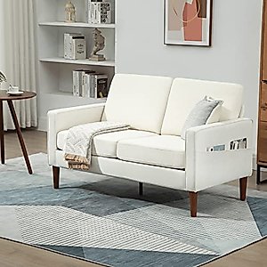Modern Living Room Loveseat Sofa Couches, Upholstered Linen Fabric Love Seat Armchair Couch with Wide Wooden Legs for Living Room and Office, Beige