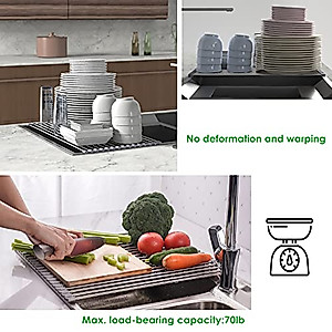 Tomorotec Roll Up Dish Drying Rack Over The Sink Grey Large Dish Drying Rack Rolling Foldable Collapsible SUS304 Stainless Steel Multipurpose Dish Drainer for Kitchen Counter (17.8”x15.7”)
