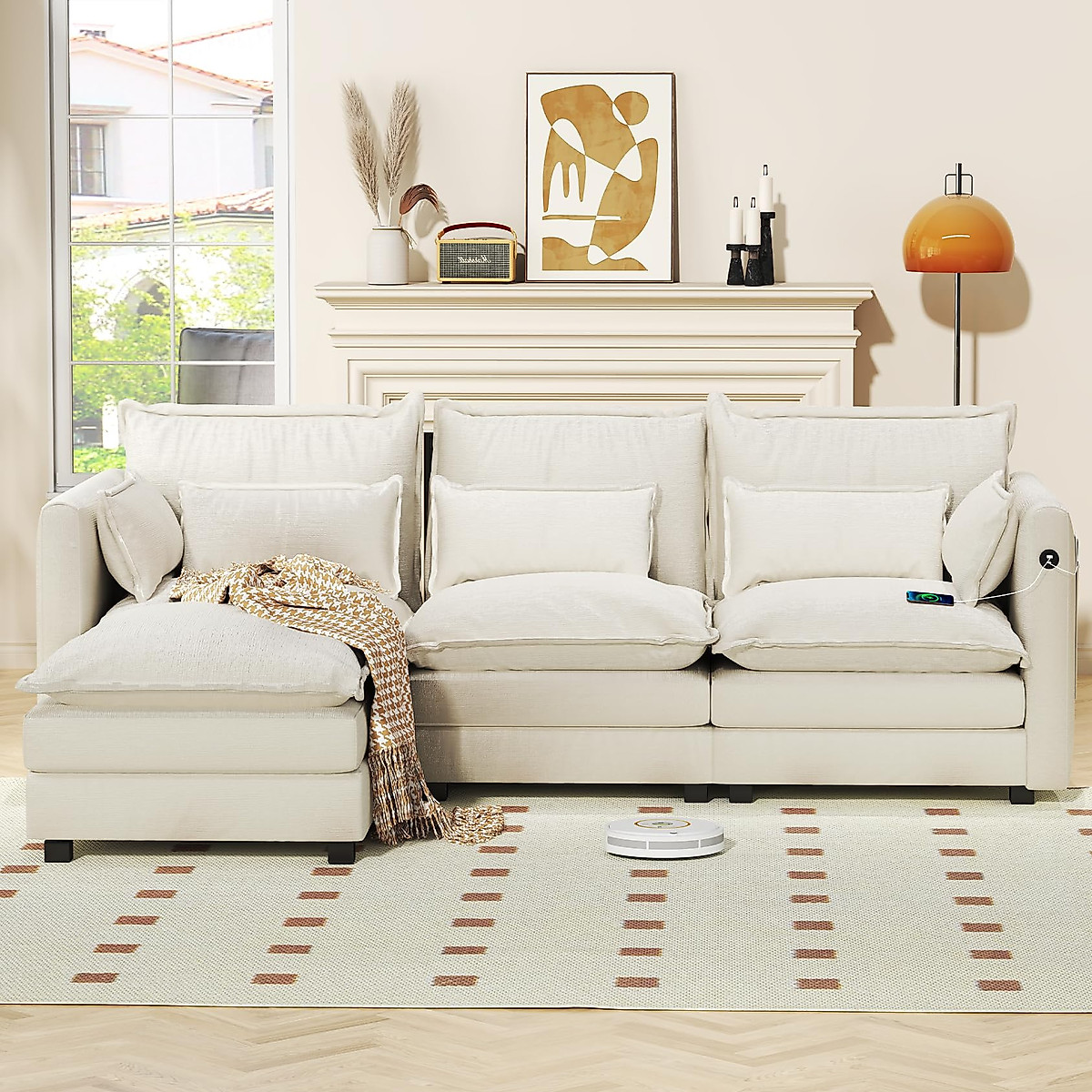 DYHOME L Shaped Couch Sectional Sofa Comfy Cloud Couch for Living Room, Deep Seat Modular Sectional Sofa with Padded Armrests, Pillows, and Charging Station, Modern Chenille, 3 Seat Cream White