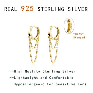 Reffeer Solid 925 Sterling Silver Tassel Chain Drop Dangle Small Hoop Earrings Huggie for Women Teen (C-Gold)