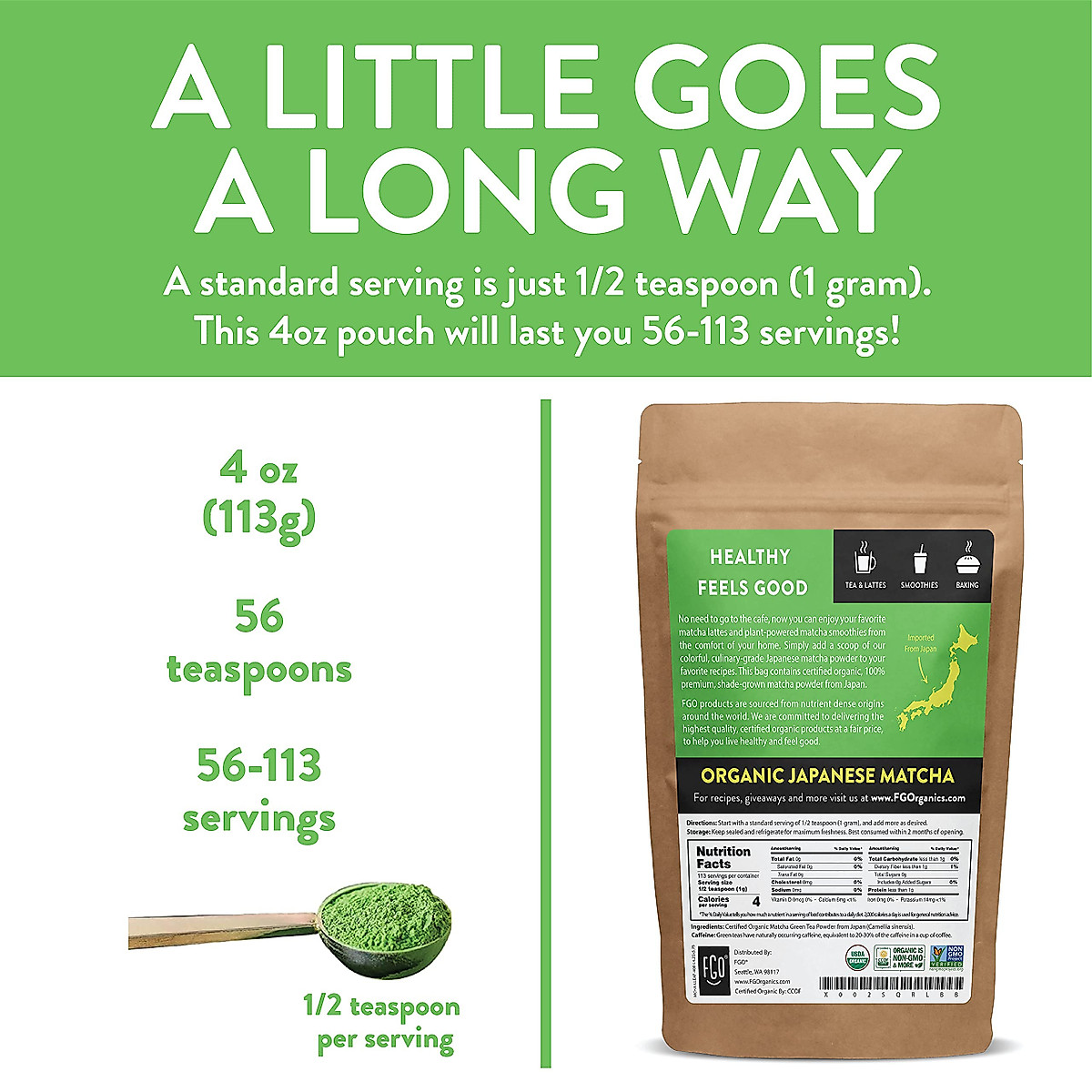 FGO Organic Matcha Green Tea Powder, Japanese Culinary Grade for Cooking, Baking, and Smoothies, 4 Ounce Resealable Bag, Packaging May Vary (Pack of 1)