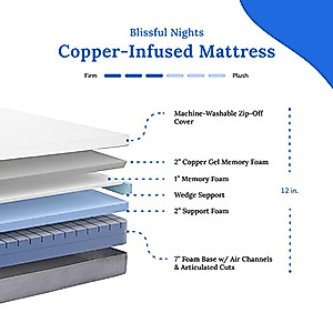 Blissful Nights 12 Inch California Split King Copper Infused Cool Memory Foam Mattress Developed for Adjustable Bed Bases with Medium Firm Feel Support and CertiPUR-US Certified