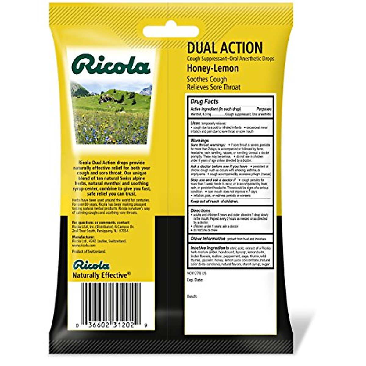 Ricola Dual Action Honey Lemon Cough Drops, 19 Count