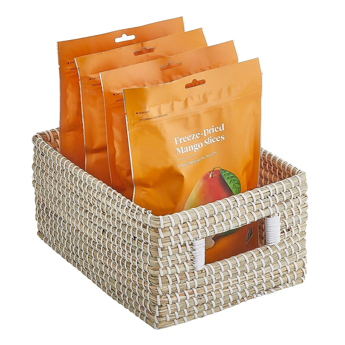 mDesign Seagrass Small Woven 9 Inch Wide Rectangular Organizing Basket w/Built-In Handles for Kitchen, Pantry Shelves, Bathroom Storage; Holds Fruit, Canned Goods - 3 Pack - Natural