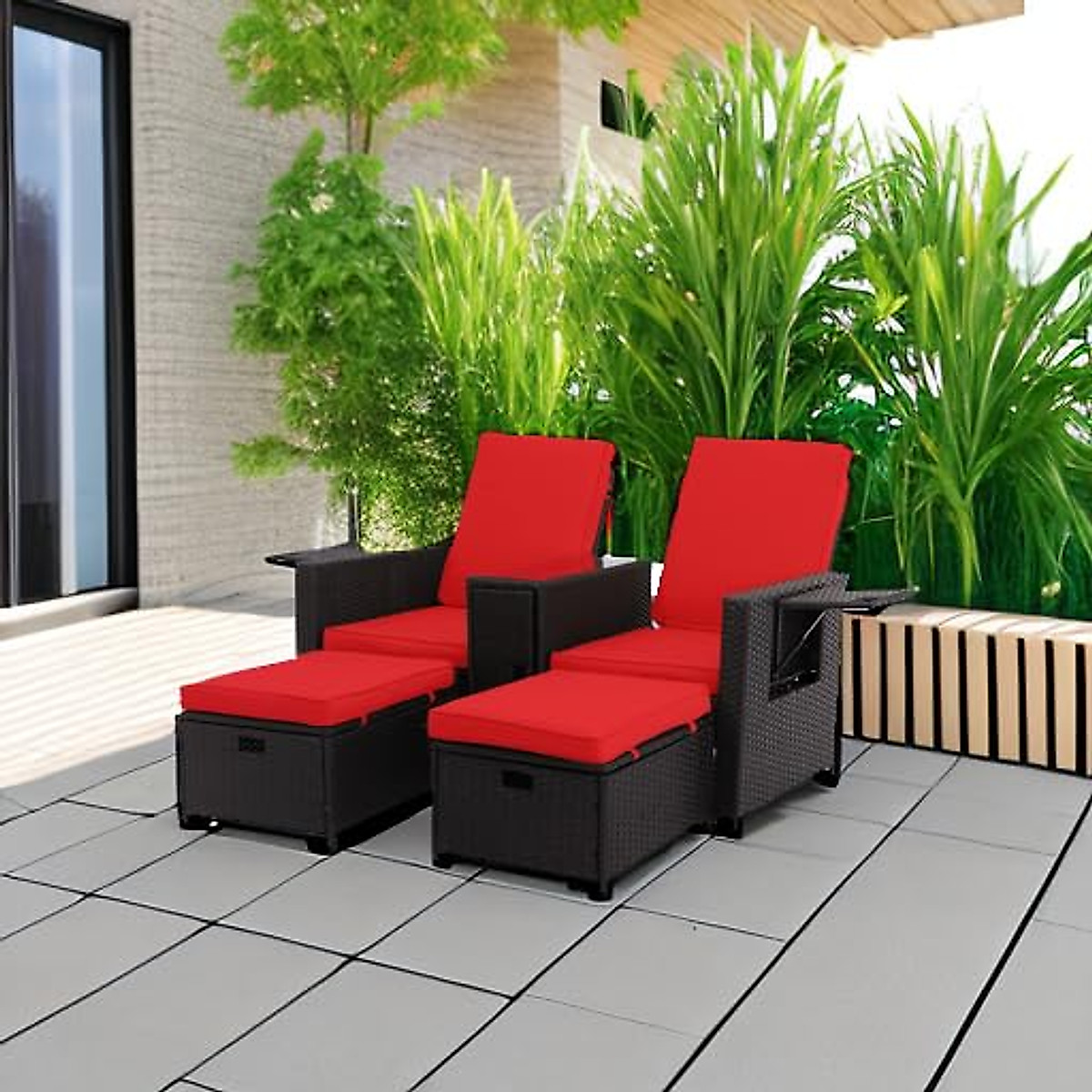 B BAIJIAWEI 5pcs Patio Wicker Loveseat - Outdoor Rattan Sofa Set with Cushion - Adjustable Lounge Chair with Ottoman Footrest, Wicker Furniture for Garden, Patio, Balcony, Beach, Coffee Bar, Deck