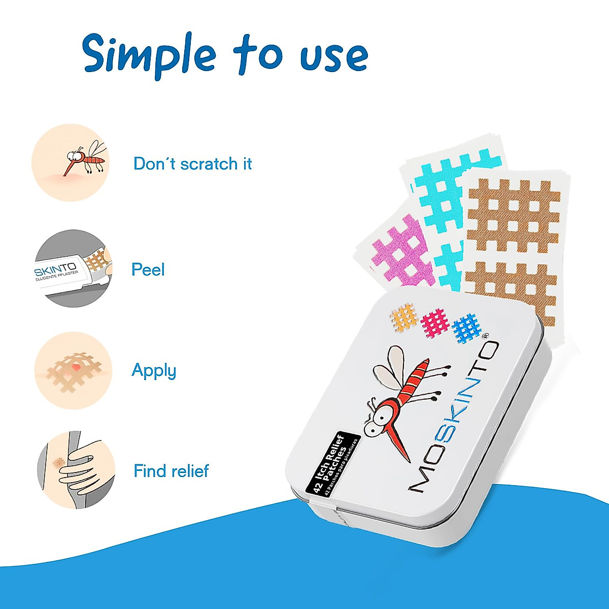 Moskinto, The Original, Itch-Relief Patch, Mosquito Bite Patches for Kids & Adults, Instant Relief Natural & Colorful Stickers to Reduce After-Bite Itching, Family Pack, 42 Count