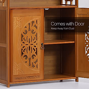 MoNiBloom 4 Tier Bookcase with Storage Cabinet, Bamboo Book Shelves Display Shelf with Carved Door for Home Office Living Room Study Room, Brown