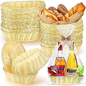 24 Pieces Baskets for Gifts Empty Bulk Oval Food Storage Basket Woven Bread Fruit Gift Baskets with Bags Paper Sheets and Long Ribbon for Wedding Birthday, 9.6 x 6.4 x 2.4 Inches