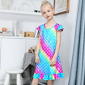 Fiodrimy Girls Nightgowns Unicorn Sleepwear Night Sleep Dress Pajamas Little Kids Toddler Soft Nightgown (Rainbow Mermaid, 4-5 Years)