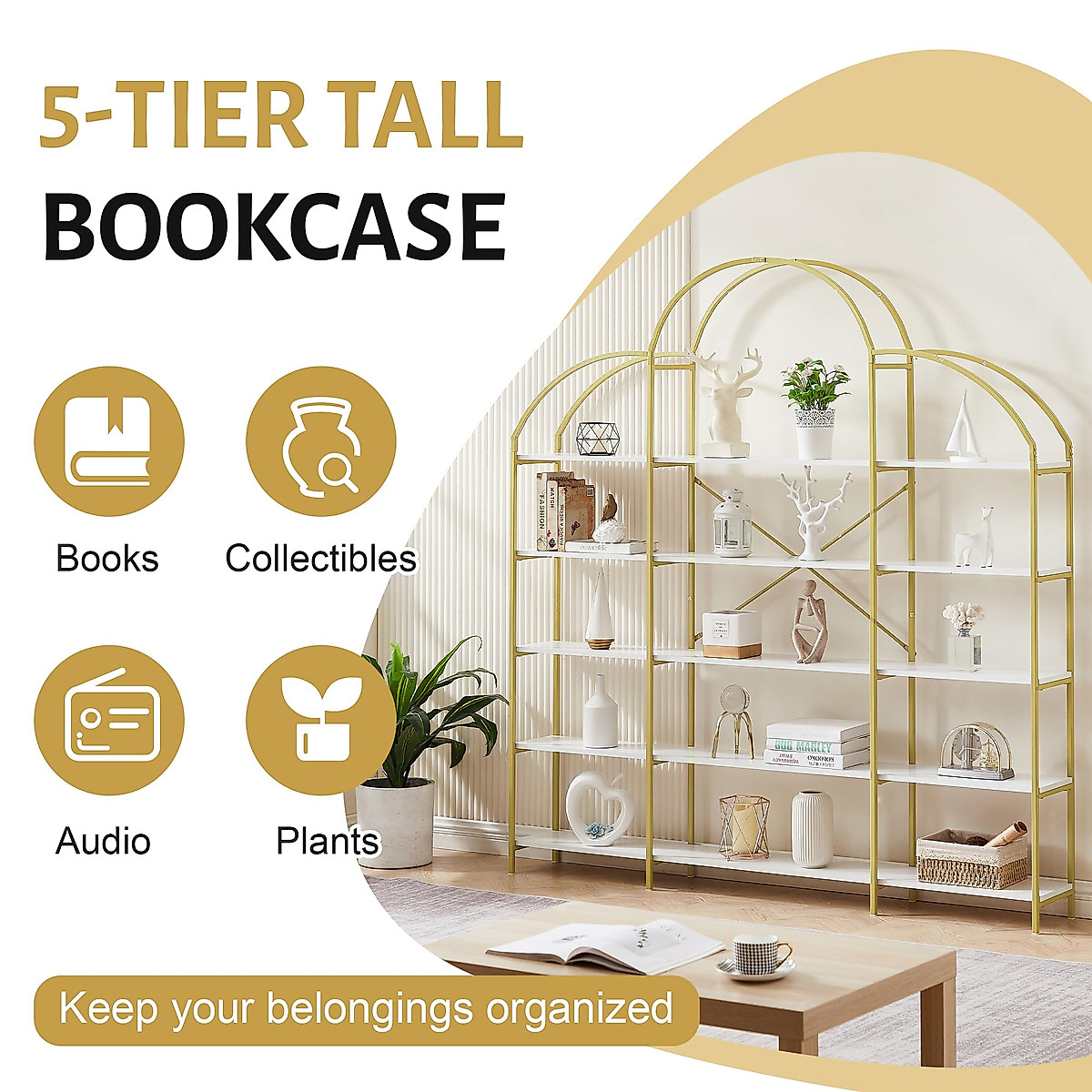Merax Bookshelf 5 Tiers Bookcase, Gold Display Shelf Organizer with X Bar Frame, Crown-Shaped Design, White
