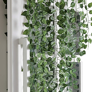 ZHIIHA 12 Strands 90.5 Ft Artificial Scindapsus Leaf Plants Vine Hanging Garland Fake Foliage Plants for Home Kitchen Garden Office Wedding Wall Decoration