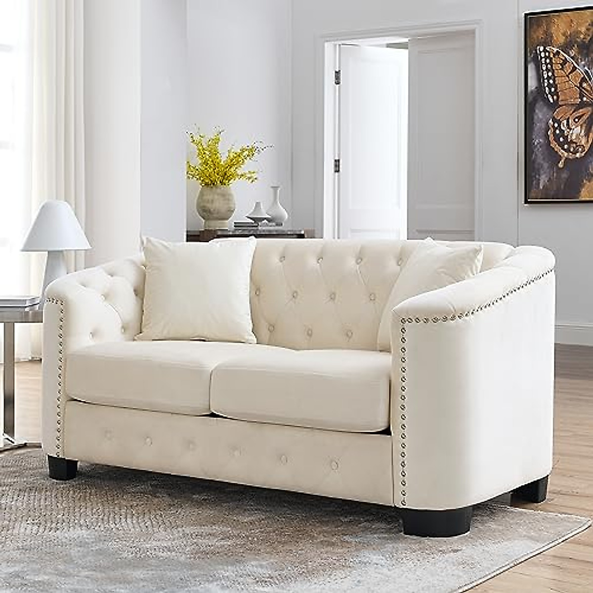 EMKK Modern Chesterfield Velvet Sofa 2-Seater Couches Upholstered Tufted Backrests with Nailhead Arms Loveseat and 2 Cushions for Living Room, Apartment, Office,Bedroom Mid Century, F-Beige