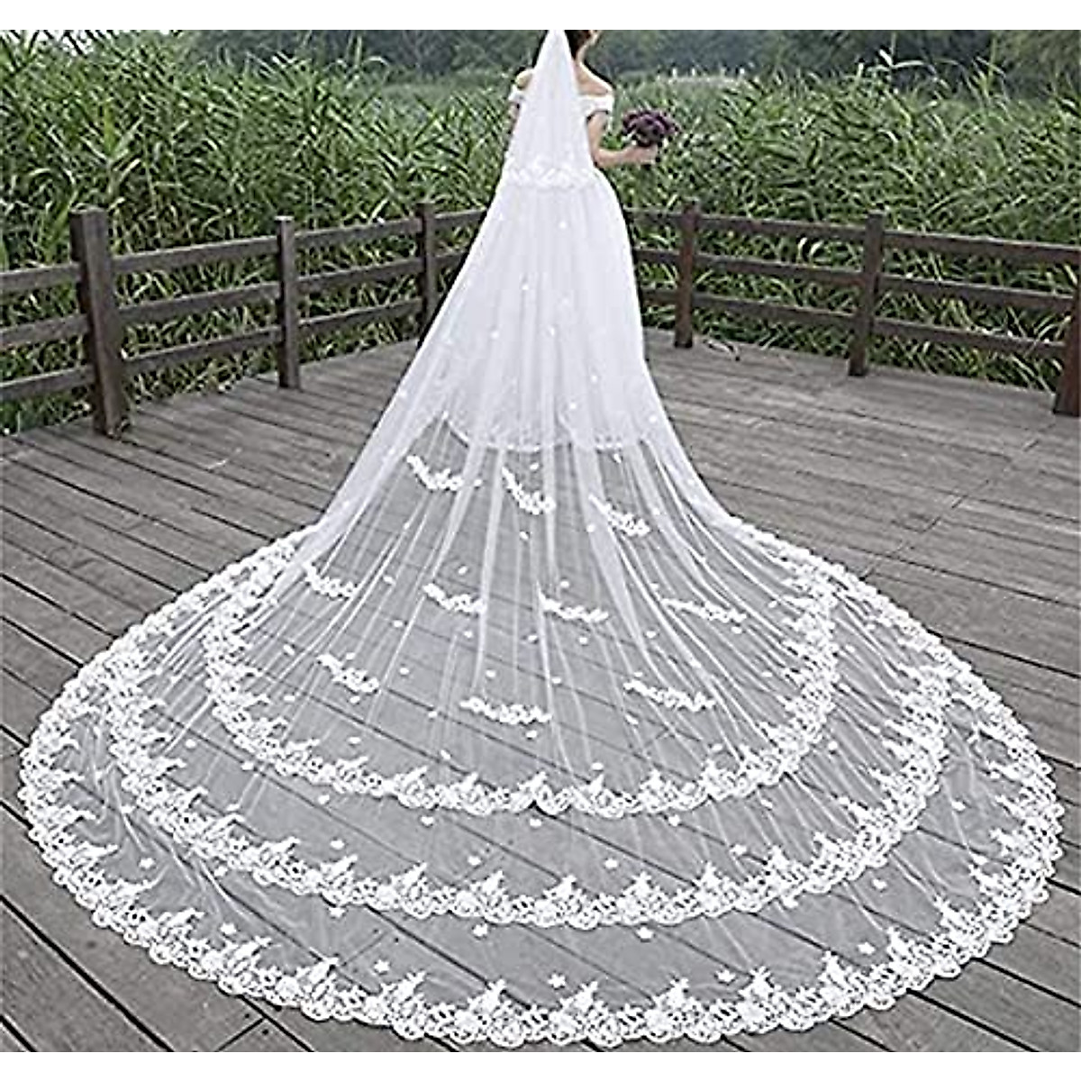 Weddings Veils 2 Tier Long Cathedral Length Lace Appliques Flowers Bridal Veil with Comb White Ivory