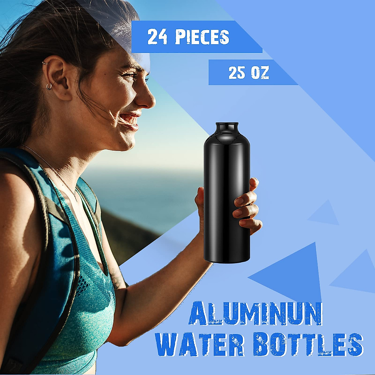 24 Pack Aluminum Water Bottles Bulk 25 oz Black Metal Sport Water Bottles with Carabiner and Twist Cap Reusable Lightweight Leak Proof Sport Bottles Team Pack for Camping Travelling Cycling Climbing