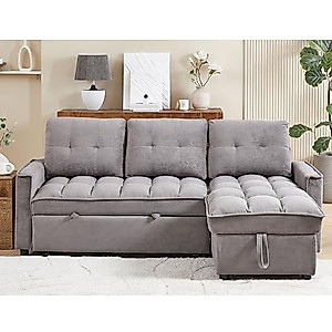 FANYE L-Shaped 3-Seaters Reversible Sleeper Sectional Sofa W/Pull Out Couch Bed and Storage Chaise for Living Room, Chenille Tufted Upholstered Convertible Sofabed with USB and Type-C Charging Ports