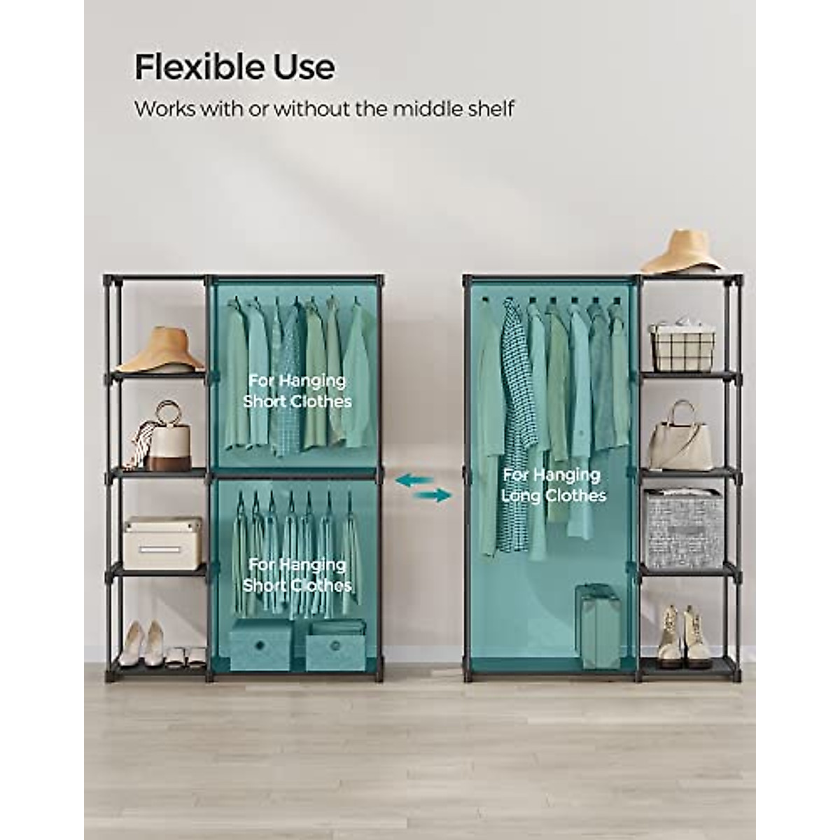 SONGMICS Portable Closet, Freestanding Closet Organizer, Clothes Rack with Shelves, Hanging Rods, Storage Organizer, for Cloakroom, Bedroom, 48.8 x 16.9 x 71.7 Inches, Black URYG026B02