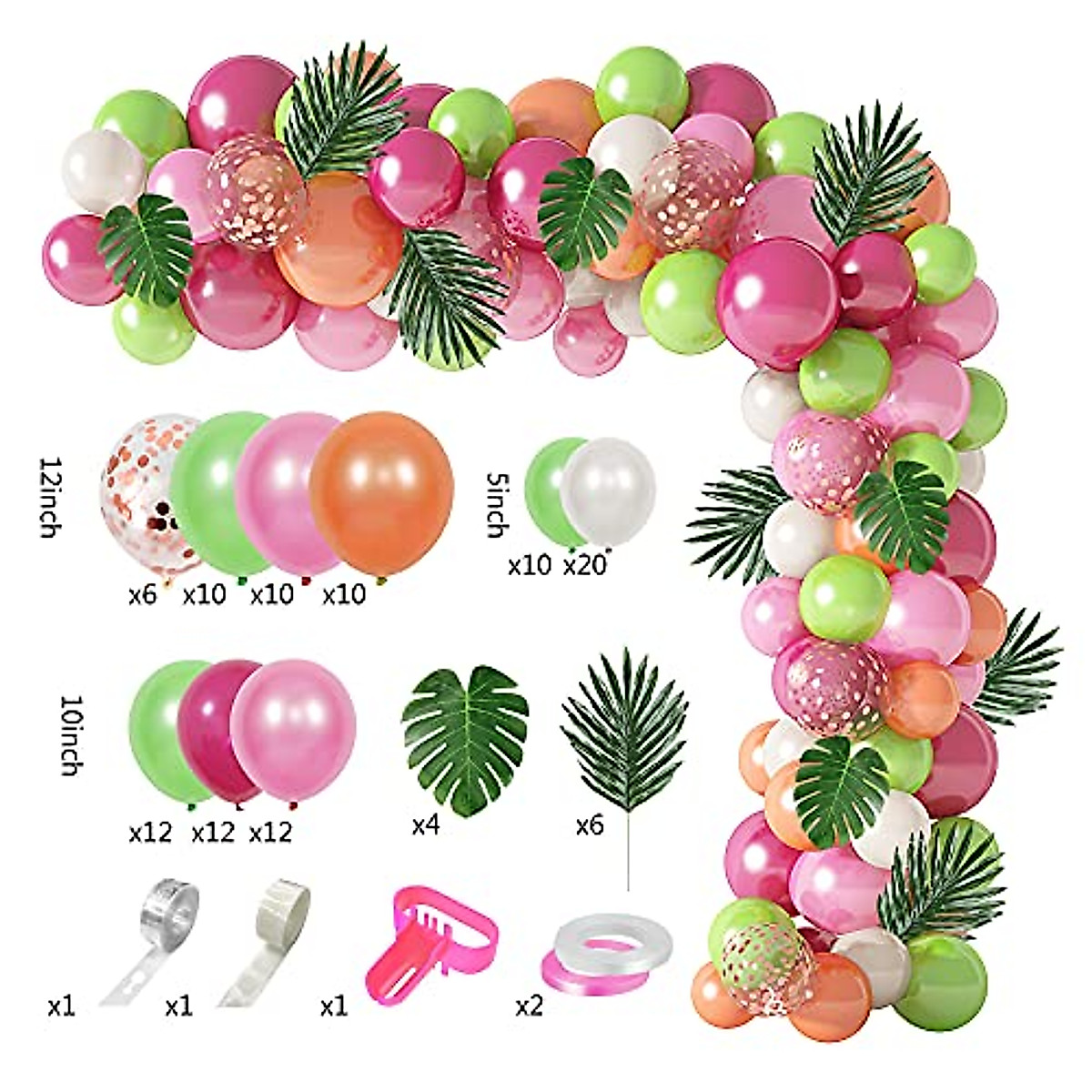 117Pcs Tropical Balloons Arch Garland Kit, Hot Pink Green Rose Gold Confetti Balloons Palm Leaves & 5Tools for Tropical Hawaii Aloha Luau Flamingo Theme Birthday Party Baby Shower Wedding Decorations