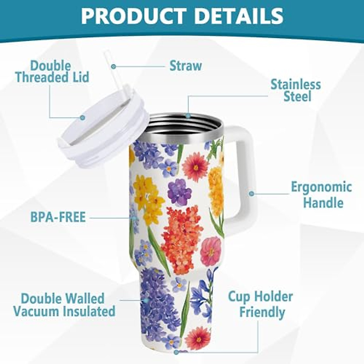 linqin Colourful Florals White Vacuum Tumbler Insulated with Lid and Straw 30 oz Running Water Bottle Reusable Travel Coffee Mug for Home, Office or Car